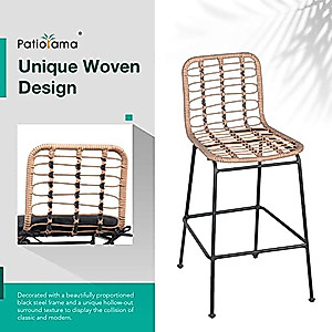 Patiorama Outdoor Bar Stools Set of 2, Patio Counter Height Stools & Bar Chairs w/Footrest, Hand-Woven Armless Beige Rattan Bar Set Patio Furniture for Garden,Pool, Indoor,Cafe,Kitchen(Black Cushion)
