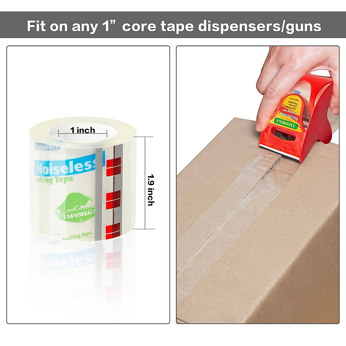 Packing Tape with Dispenser Clear Noiseless Packaging Tape for Shipping Moving Strong Sealing Adhesive Industrial Depot Tapes for Storage 1.96 inch x 33 Yards 1” Core 3 Pack