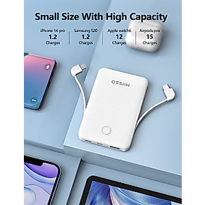 miisso 6000mah Card Size Built in Cables Power Bank, Built in USB C Cords Battery Pack Travel Charger Portable Charger for Phones, 4 Output Ultra Slim Battery Pack Compatible with iPhone, White