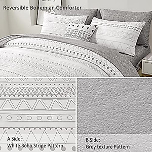 Boho Comforter Set King,7 Pieces Bed in a Bag White Grey Comforter Geometric Bohemian Bedding Set with Pillowcases Soft Microfiber Comforter and Sheet Set King Size