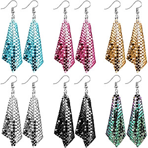 6 Pairs Sequin Dangle Earrings Mesh Grid Tassel Drop Earrings Colorful Sequin Earrings for Women (Extra Large, Simple Style)