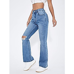 Floerns Women's High Waisted Ripped Jeans Flare Leg Bell Bottom Denim Pants Light Blue M