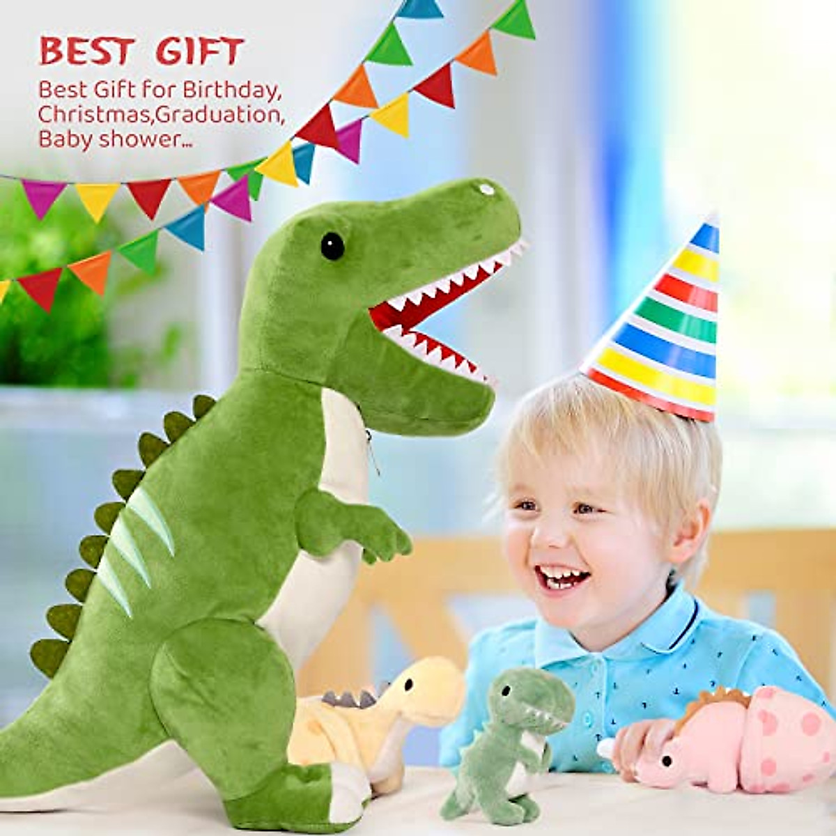 MorisMos Dinosaur Stuffed Animal with Babies,23.6'' Big T-Rex Mommy Stuffed Dinosaur with 3 Baby Dinosaur Plush Toys, 3 Dinos Eggs,Boy Girl Dinosaur Toys for Kid Birthday Christmas,Green T-rex Toys