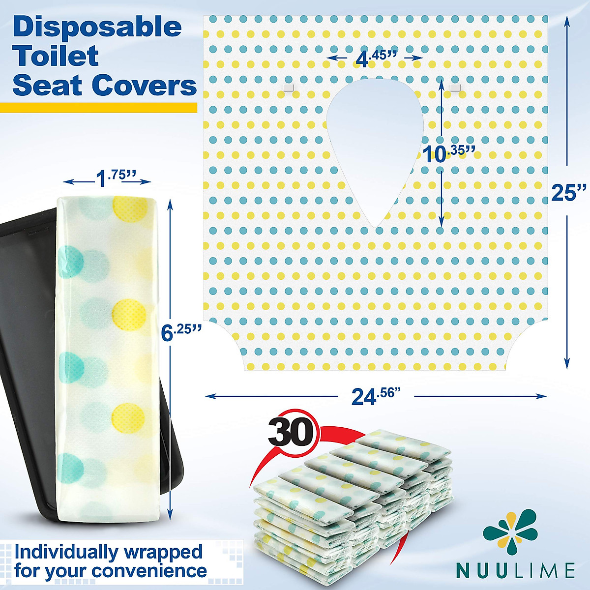 Toilet Seat Covers Disposable - 30 Pack - Extra Large Portable Liners for Bathroom, Road Trip, Child Travel, Toddler Potty Training, Adults On the Go - Individually Wrapped, Waterproof, Soft Clean Pad