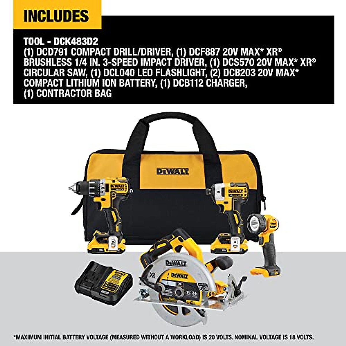 DEWALT 20V MAX Power Tool Combo Kit, 4-Tool Cordless Power Tool Set with 2 Batteries and Charger (DCK483D2)