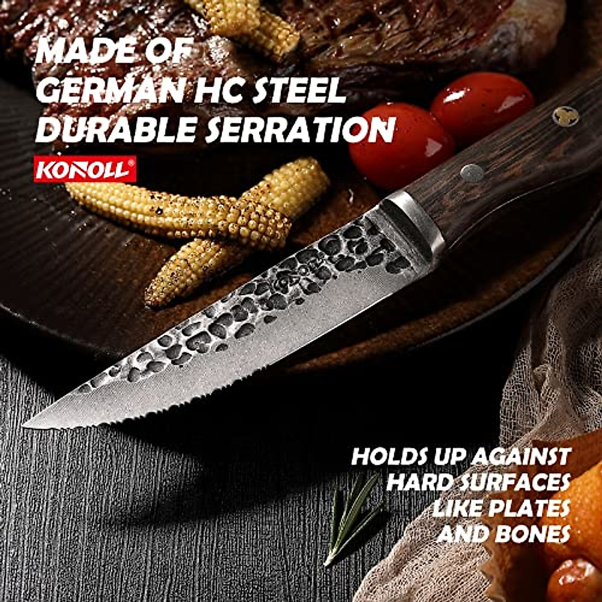 KONOLL Steak Knives Set of 6 Steaks Knife Serrated Blade Forged Handmade German High Carbon Steel Full Tang Handle