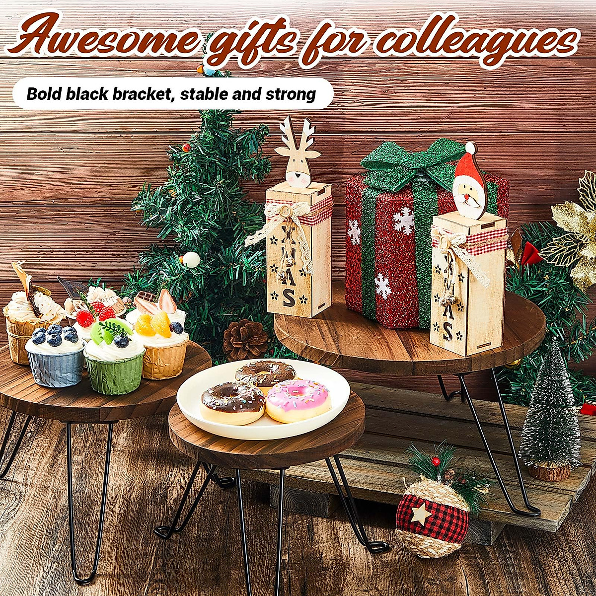 Mifoci 4 Pcs 8"/10''/12'' Wood Cake Stand Rustic Wooden Cake Stand Holder Tray Rustic Wedding Cake Pedestal Stand Cupcake Tray with Metal Leg for Christmas Wedding Birthday Baby Shower