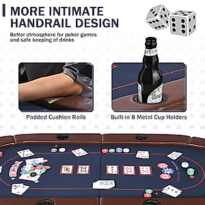 RayChee Foldable Poker Table, 8 Player Texas Holdem Table, Folding Leisure Game Table, Portable Casino Table for Game Room with Padded Rails and Cup Holders (Brown, 71 inch)