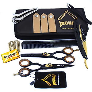 Jecudi Professional Hair Cutting Scissors Set - Handmade Japanese Stainless Steel, Includes Barber Scissors, Hair Shears, Tweezers, Razor, 10 Blades, Comb, 2 Hair Clips & Cleaning Cloth.