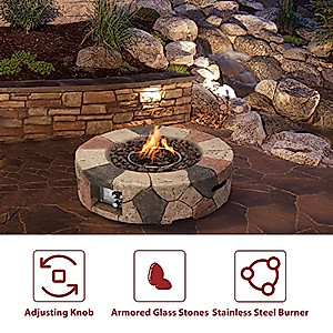 ECOTOUGE Round Gas Fire Pit Tables(40,000 BTU ,28 Inch) w/ Lava Rocks, Propane Hose, Handle, Cover for Backyard, Garden, Home, Outside Patio, CSA Certification,Warm Red & Beige