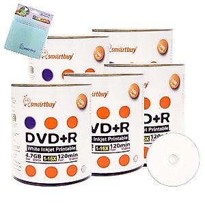 Smartbuy 500-disc 4.7GB/120min 16x DVD+R White Inkjet Hub Printable Blank Media Disc + Free Micro Fiber Cloth