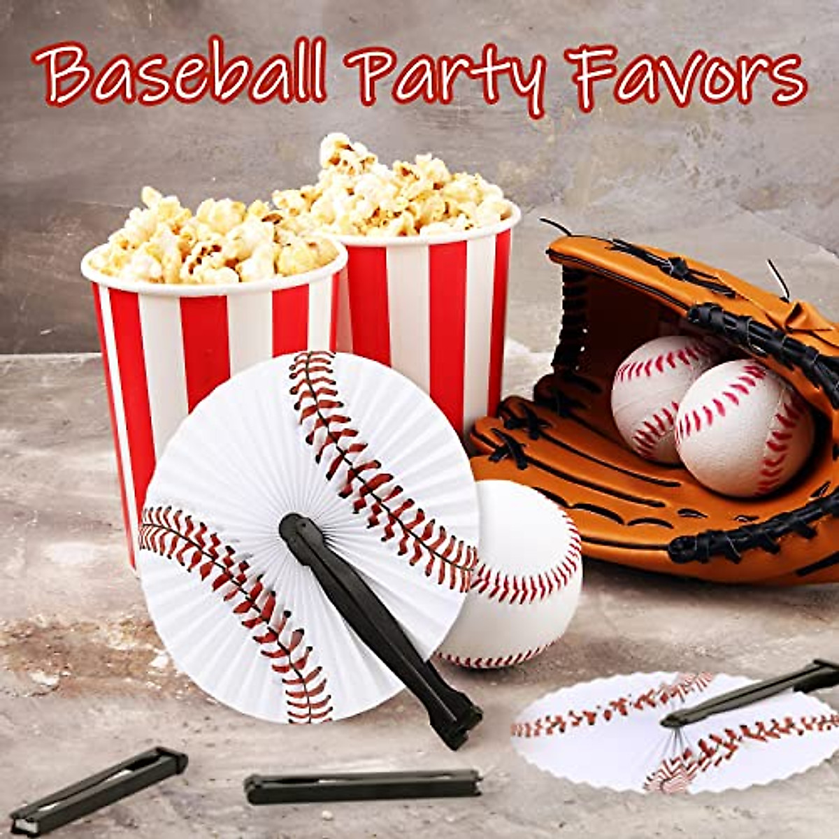 48 Pack Baseball Paper Fans Decorations Party Favors Round Folding Fans with Plastic Handle Craft Handheld Fan Baseball Cutouts Hand Hanging Fans for Weddings Sports Themed Birthday Festival Kid Gift