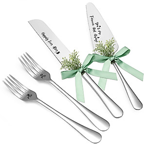 Sage Green Wedding Cake Knife & Server Set with Stainless Steel Blades Mr. and Mrs. Forks with Artificial Plant Ribbon Bowknot Perfect Addition to Your Wedding Celebrations Anniversaries Showers