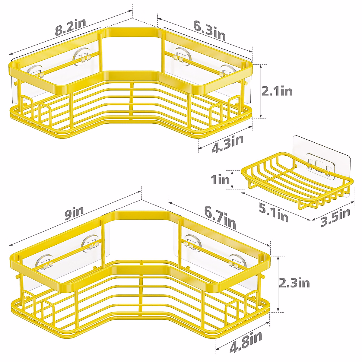 MAXIFFE Shower Caddy, 3-Pack Shower Organizer with Soap Holder, Corner Shower Caddy with 8 Hooks, Wall Mounted Shower Shelf for Bathroom, Kitchen, Countertop, Yellow