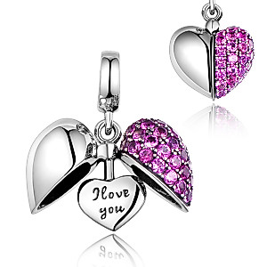 GW 925 Sterling Silver Love Heart Charms Fit Snake Chain Bracelets Pendant for Necklace for Women (Pink-I love you)
