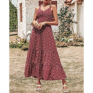 BTFBM Women Sleeveless V Neck Summer Maxi Dresses 2023 Print Backless Strap Tie Back Beach Party Pleated Long Boho Dress(Floral Wine Red, Large)