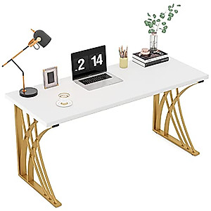 LITTLE TREE 55’’ Large Modern Computer Desk, White & Gold Luxury Laptop PC Student Table, Makeup Vanity Table with Thick Frame & Strong Legs, Sturdy Writing Workstation for Home & Office