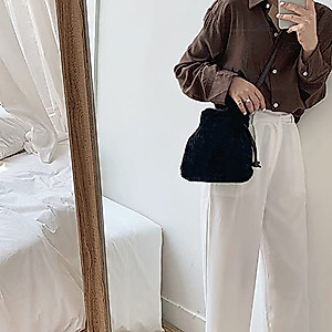 Van Caro Women’s Fashion Fuzzy Shoulder Bucket Purse Drawstring Bag Cross Body Bag, Black