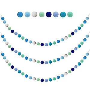 3 Pieces Ball Garland Blue Pom Pom Garland Handmade 6.5 Feet Long 30 Balls Ball Garlands for Party Home Decoration