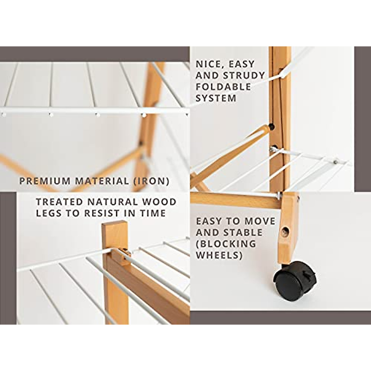 Scandinaf Foldable Clothes Drying Rack | Collapsible Drying Racks for Laundry | Extra Large and Heavy Duty Clothing Drying Rack with Iron Wires and Wooden Legs and 2 Levels with 91 Ft Drying Area