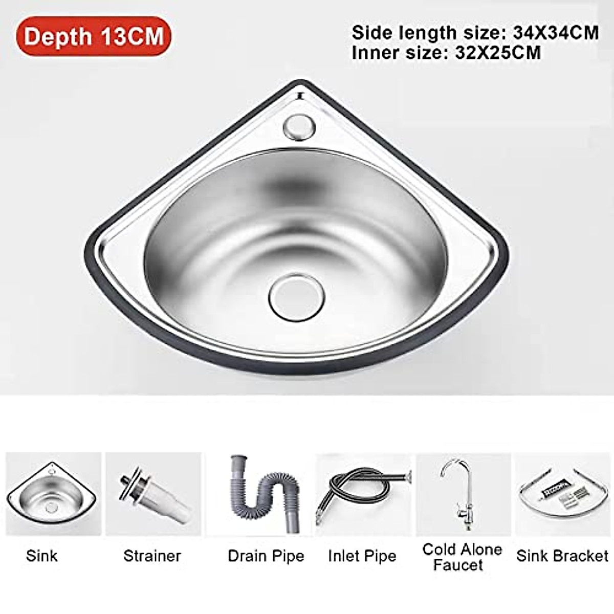 Kitchen Corner Sink, Single Bowl Stainless Steel Sink, with Drainer Unit And Tap, Triangle Bathroom Wash Basins for Outdoor Indoor, Garage, Laundry/Utility Room, Restaurant 34x34cm-depth13cm