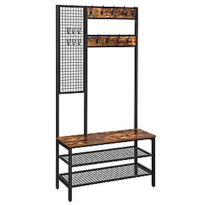 VASAGLE ALINRU Hall Tree, Coat Rack, Coat Stand with Grid Wall, Shoe Rack, 2 Mesh Shelves, 15 Hooks, 72.8-Inch Tall, Large Storage Space, Easy to Assemble, Industrial Style, Rustic Brown UHSR98BX