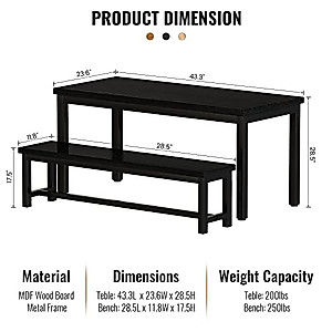 AWQM Dining Room Table Set, Kitchen Table Set with 2 Benches, Ideal for Home, Kitchen and Dining Room, Breakfast Table of 43.3x23.6x28.5 inches, Benches of 38.5x11.8x17.5 inches, Black