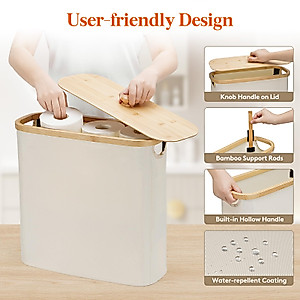 Lifewit Toilet Paper Storage 30 L, Bamboo Toilet Paper Basket with Lid and Handle, Free Standing Toilet Paper Holder Stand, Bathroom Organizer Cabinet Container Accessories, White