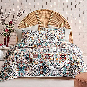 FlySheep 3-Piece Lightweight Bohemian Geometric Full Queen Quilt Set, Colorful Chic Aztec Pattern Summer Bedspread/Coverlet, Brushed Microfiber for All Season - 92" x 90"