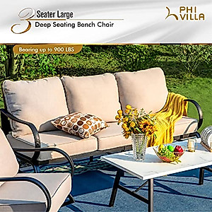 PHI VILLA 6 Piece Patio Conversation Sets, Deluxe Outdoor Patio Set for 5-7 Person with 3 Seater Padded Deep Seating Bench, 2 Padded Swivel Armrest Sofa Chairs, 2 Ottoman and & 1 Coffee Table
