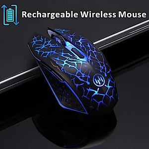 TENMOS K6 Wireless Gaming Mouse, Rechargeable Silent LED Optical Computer Mice with USB Receiver, 3 Adjustable DPI Level and 6 Buttons, Auto Sleeping for Laptop/PC/Notebook (Blue Light)