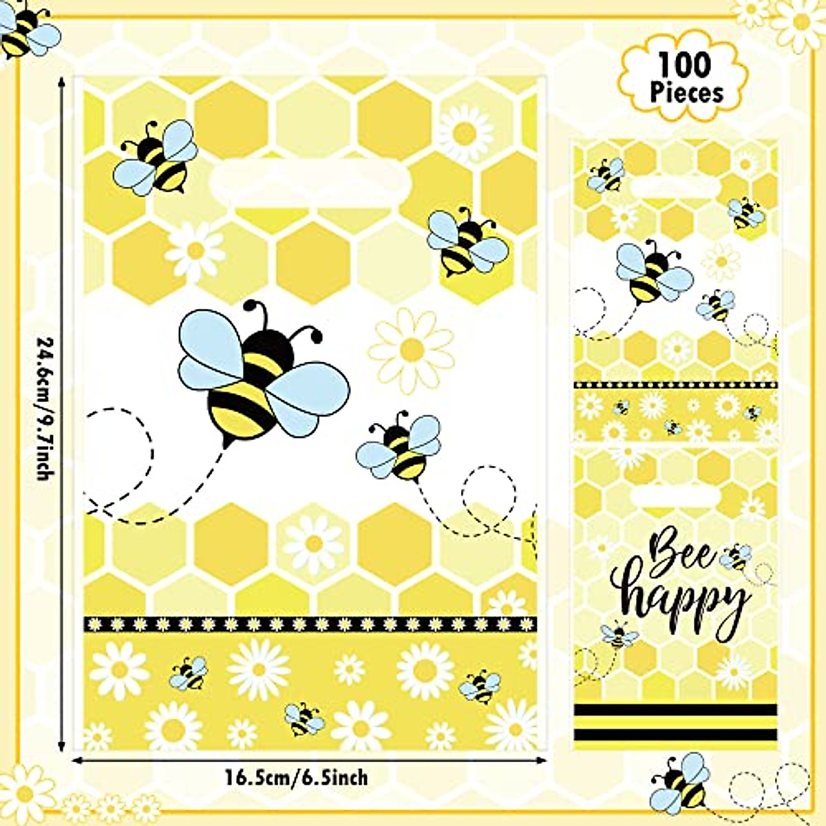 100 Pieces Bee Party Gift Bags Yellow Honey Bee Treat Bags with Handles Honey Bumble Bee Pattern Goodie Bags Plastic Candy Gift Bags for Bee Baby Shower Gender Reveal Birthday Party