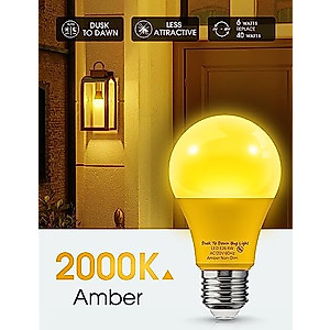 LOHAS Yellow LED Bug Light Bulbs Outdoor, Dusk to Dawn Sensor Yellow Bug Light Bulb Outside, A19 Amber Porch Light Non-Attracting, 40W Equivalent 2000K E26 Auto On/Off, for Patio Deck Backyard, 4 Pack