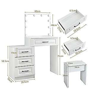 JBLCC Makeup Vanity with Lights Mirror, Makeup Table Set Vanity Mirror with Lights, Vanity Desk with Storage Shelves, Drawers, Modern Vanity Table for Bedroom White (41749)