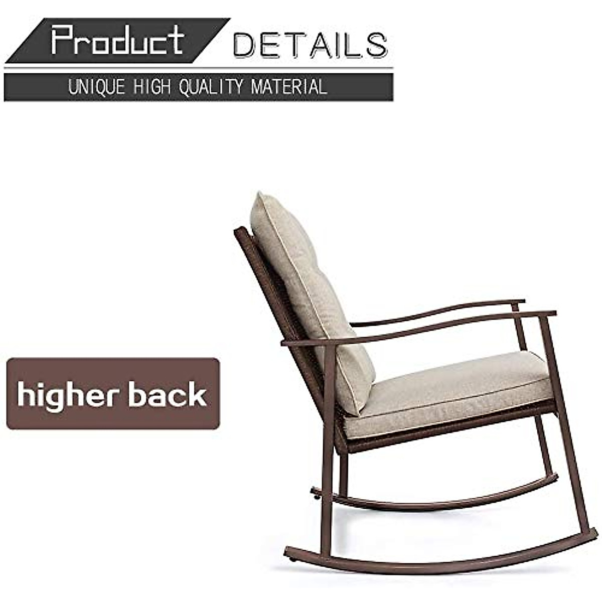 SOLAURA 3-Piece Patio Furniture Outdoor Rocking Chair Set Brown Wicker Patio Bistro Sets, Front Porch Furniture with Beige Cushion, Two Patio Chairs with High Backrest & Glass Coffee Table