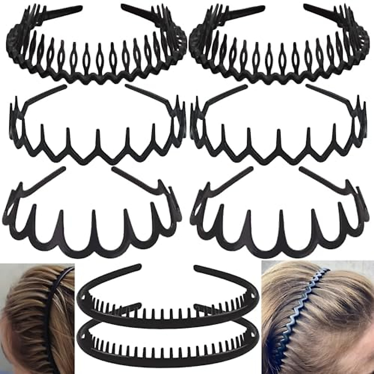 ULTIMUTE 8 PCS Fashion No Slip Effortless Plastic Headbands with Teeth Comb Black Skinny Hair Bands for Women Men Teen Girls, Matte Black