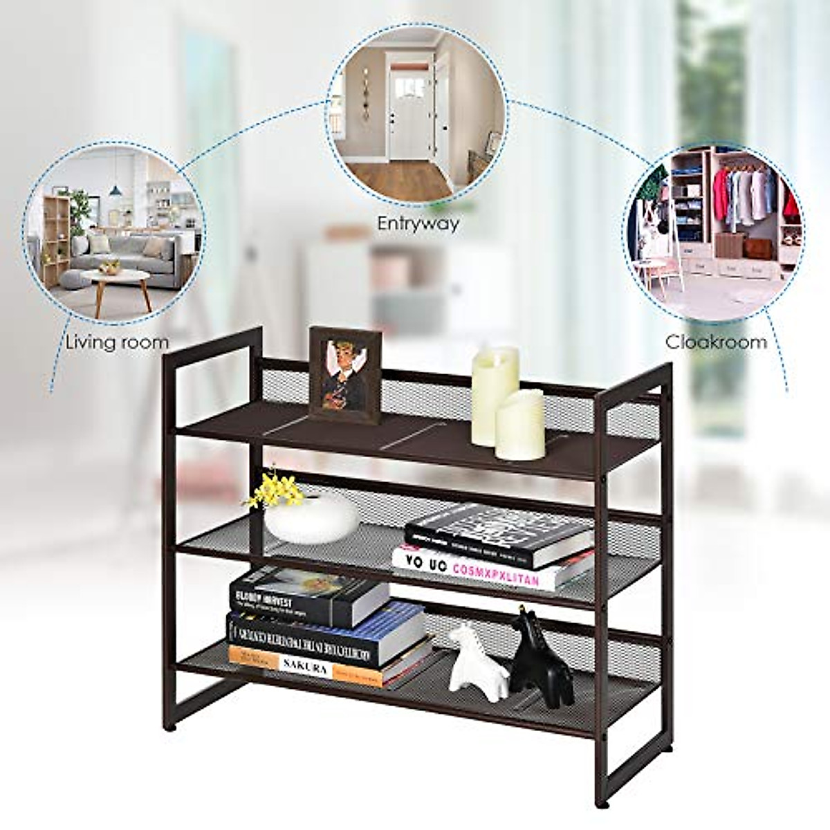 Tangkula 3-Tier Metal Shoe Rack, Stackable Flat & Slant Adjustable Shoe Storage Stand, Space Saving Shoes Shelf, Freestanding Shoes Rack Organizer for Entryway, Hallway