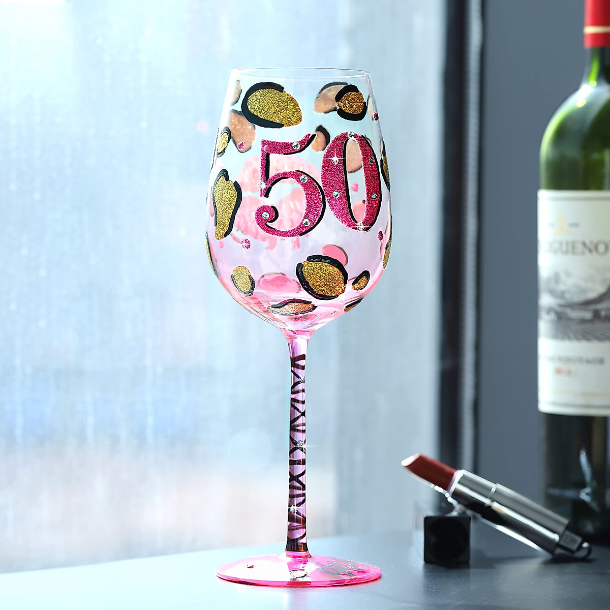 NymphFable 50th Birthday Wine Glass Hand-painted Wine Glass for Women 15oz Personalised Birthday Gift