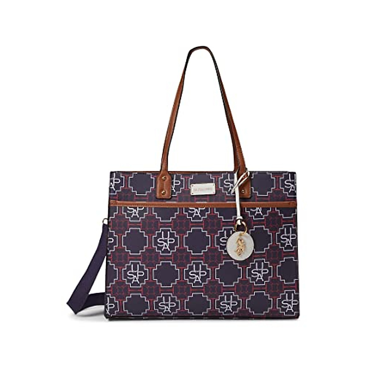 USPA GEOMETRIC PRINT TOTE BAG WITH CROSSBODY STRAP NAVY / 1SZ