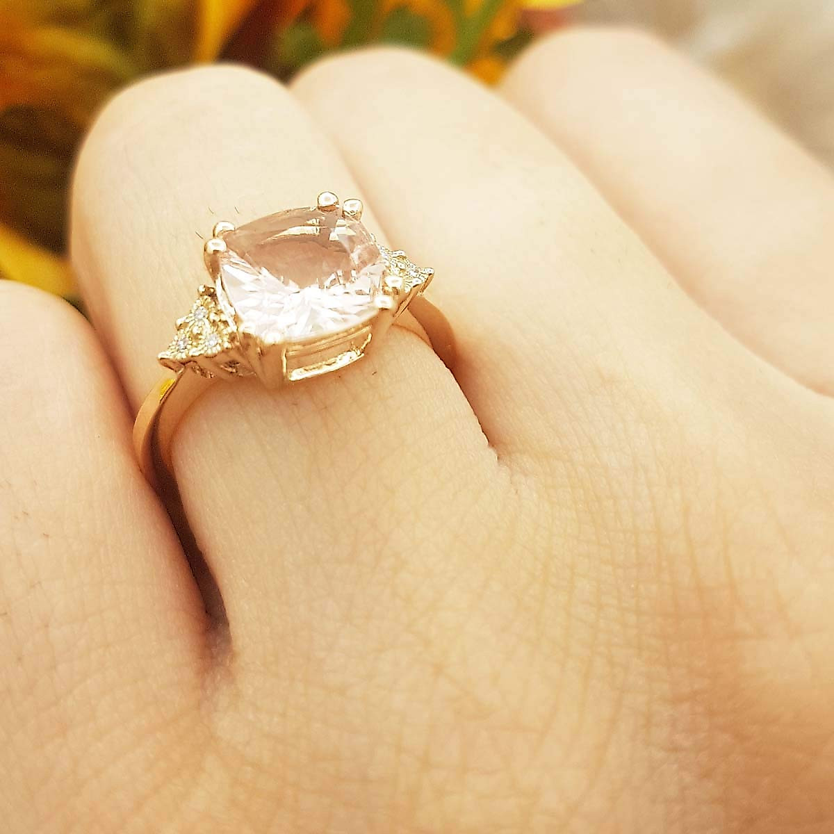 Dazzlingrock Collection 10K 8 MM Cushion Morganite & Round White Diamond Ladies Engagement Ring, Rose Gold, Size 7