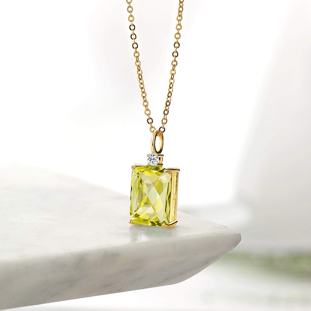 Gem Stone King 18K Yellow Gold Plated Silver Octagon Checkerboard Yellow Lemon Quartz and White Topaz Pendant Necklace For Women (6.99 Cttw, with 18 Inch Chain)