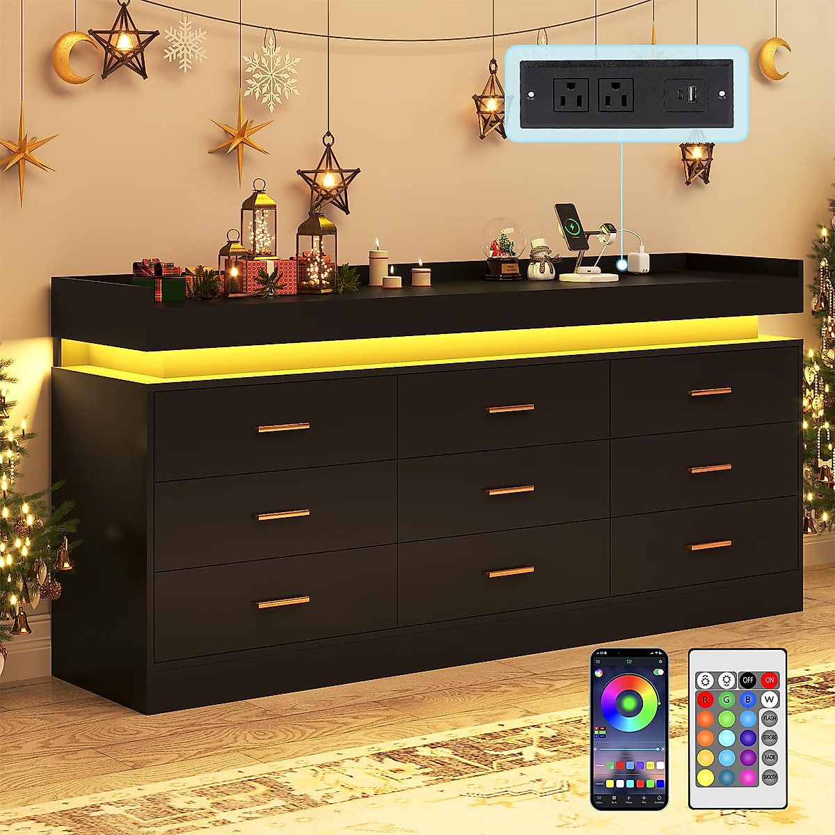 jiteentarou 9 Drawer Dresser with Charging Station and LED Lights, Modern Chest of Drawers with Power Outlet, Organizer Cabinet for Bedroom, Living Room, Entryway, Black