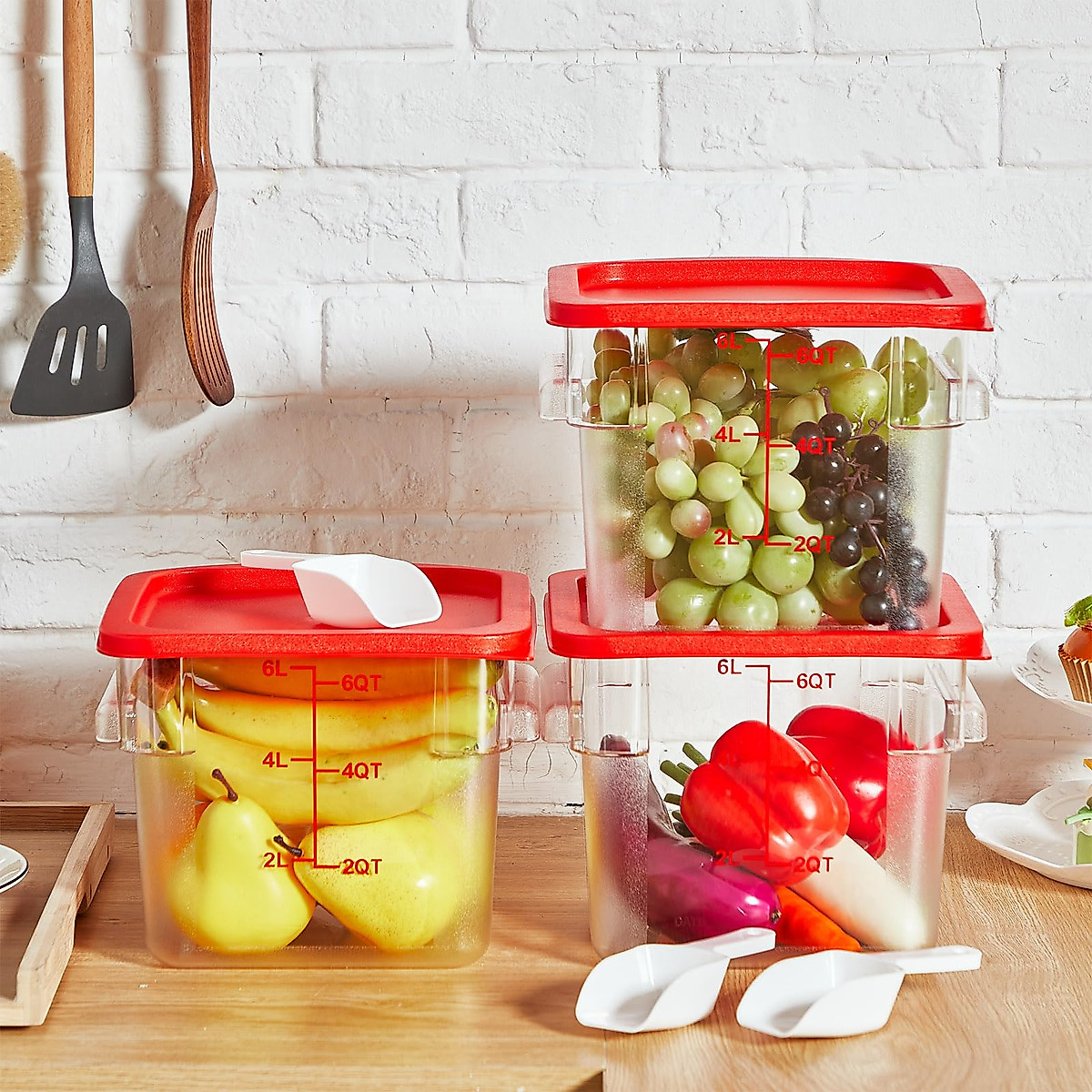 Hsei 6 Sets 6 Quart Commercial Food Storage Containers with Lids and 6 Pcs Plastic Ice Scoop for Freezer Flour Sugar Baking Bread Dog Food Restaurant Kitchen Square(Red)