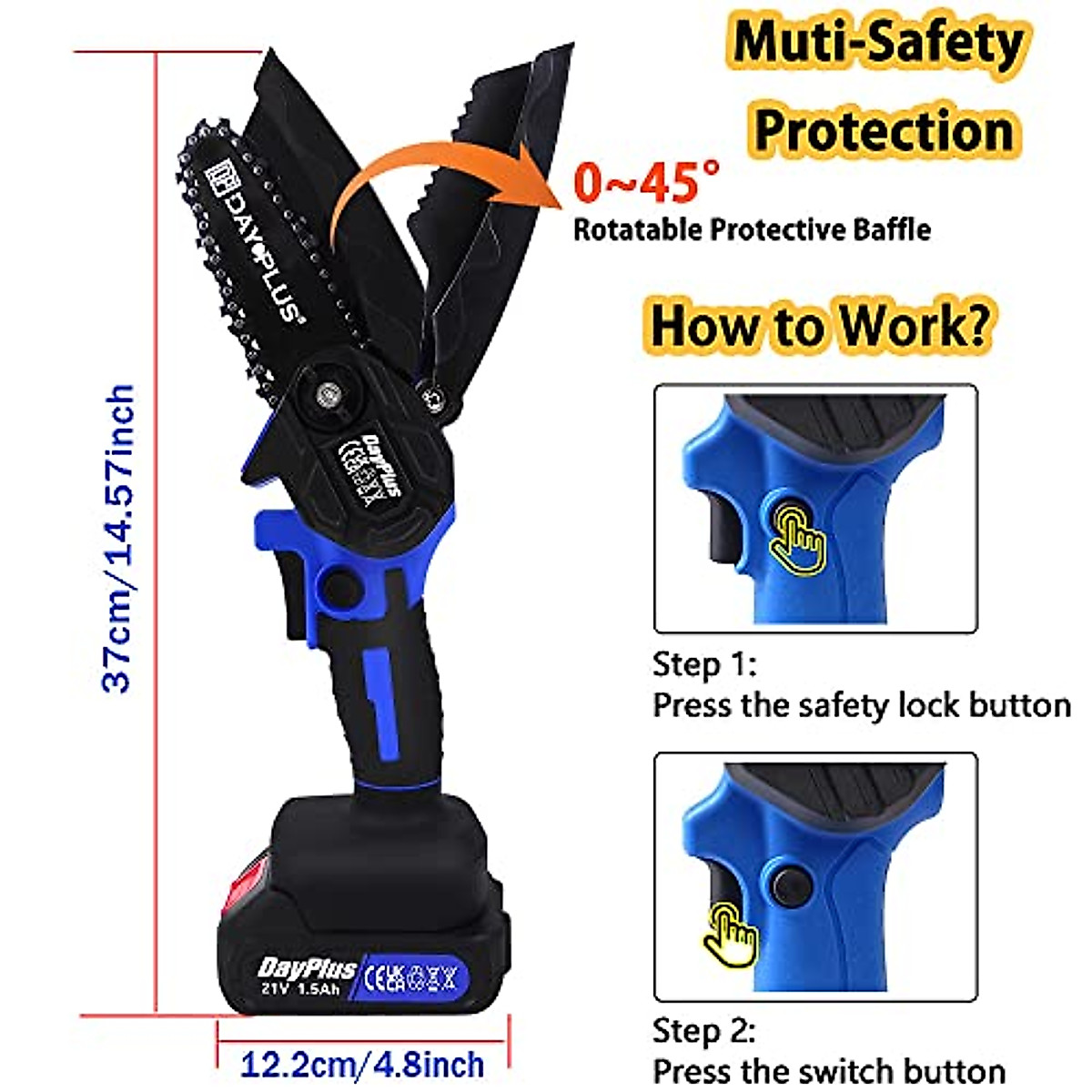 Mini Chainsaw Cordless Electric Chain Saw, Pruning Shears Saw, Portable & Lightweight & 4" One-Hand Handheld for Garden Tree Branch Trimming Wood Cutting(1 Battery, 2 Chains, 1 Charger)
