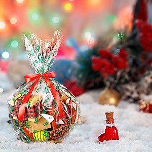 Outus 10 Pieces Christmas Basket Bags Clear Christmas Cellophane Bag with Twist Ties Favors and Treat Bags Tree Pattern Gift Bags for Candies Dessert Gifts Baskets Party Festivals, 24 x 30 Inch