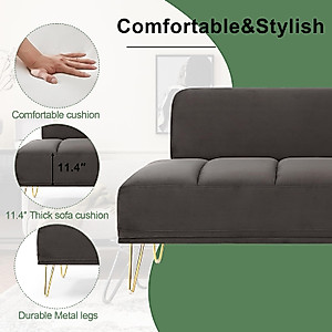 Vanress Modern Loveseat Sofa Couch,Velvet Sofa Settee,Upholstered Couch Bench with Gold Legs,Armless for Living Room, Bedroom, Apartment Small Spaces (56.23" Grey)