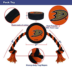 Pets First Dog Rubber Toy Tough Rubber with Heavy-Duty Dog Rope Tug Toy. NHL Anaheim Ducks Puck Toy for Dogs & Cats. Play Hockey with Your Pet with This Licensed Dog Puck Rubber Cool Toy!