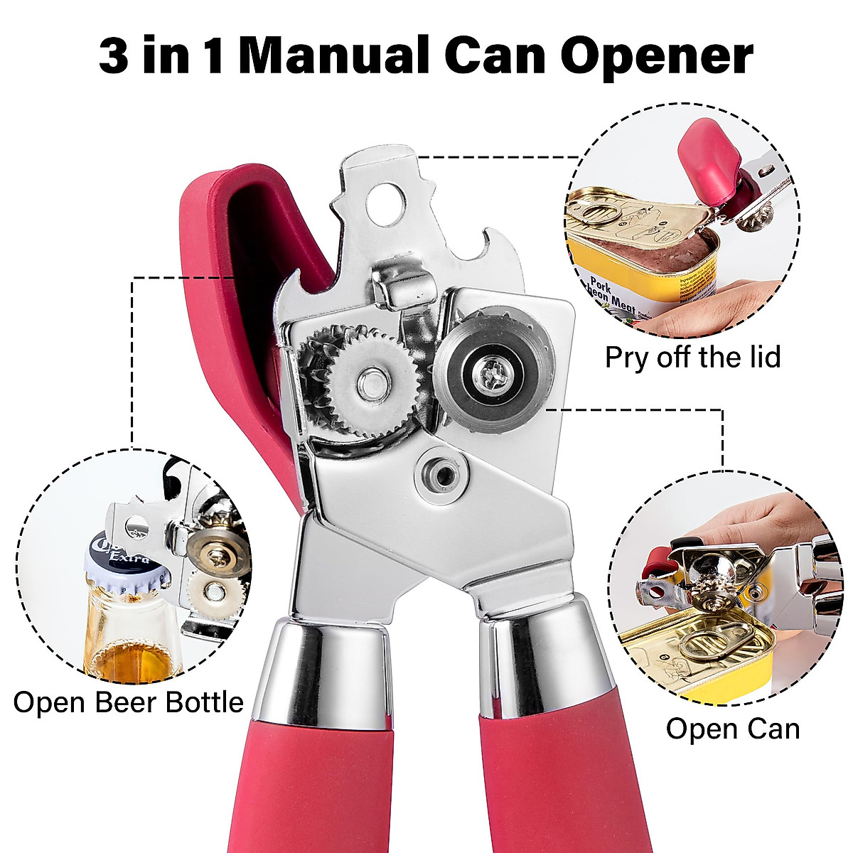 Can Opener Manual, TJ POP Can Opener, Heavy Duty Hand Held Can Openers, Stainless Steel Can Opener Smooth Edge, Easy Turn Knob, with Bottle Opener, Kitchen Gadgets Red