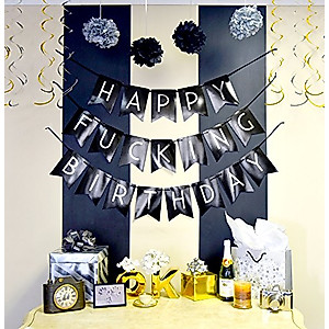 Funny Birthday Party Pack - Black & Silver Happy Birthday Bunting, Poms, and Swirls Pack- Birthday Decorations - 21st - 30th - 40th - 50th Birthday Party Supplies