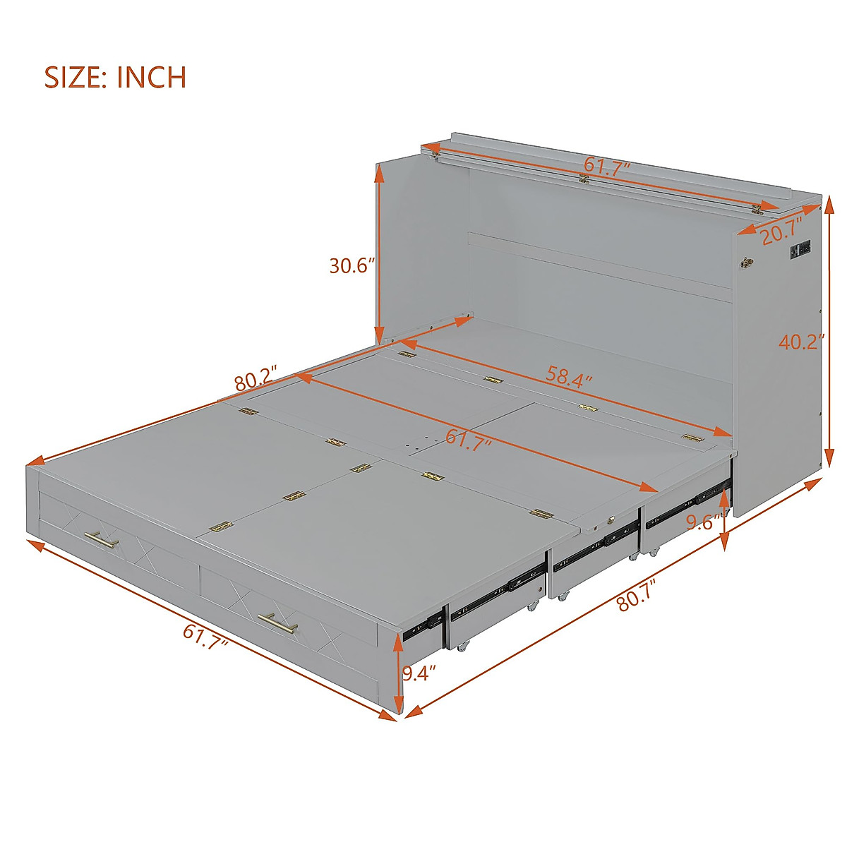 Harper & Bright Designs Queen Size Murphy Bed Wall Bed, Murphy Bed Chest Cube Cabinet Bed with USB, Charging Station and Large Storage Drawer for Home Office, Pulley Structure Design - Gray